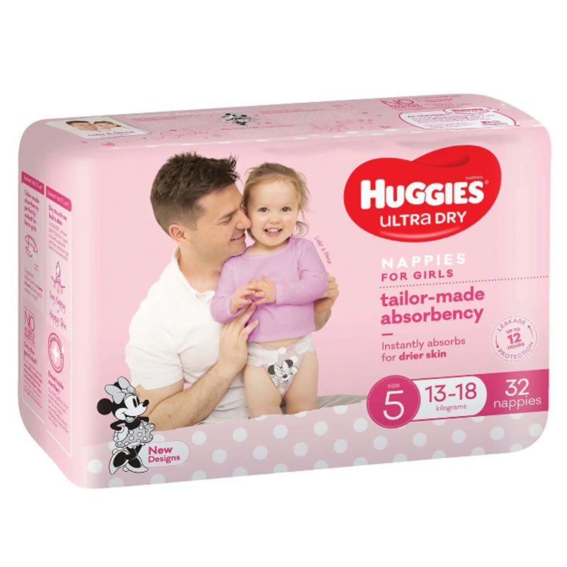 Huggies Nappies Ultra Dry Walker Girl | Size 5 13-18kg | 32 Pack BULK